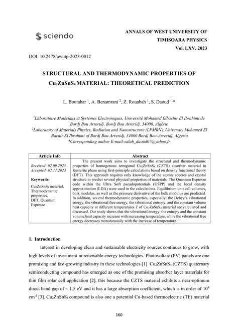 Pdf Structural And Thermodynamic Properties Of Cu2znsns4 Material Theoretical Prediction