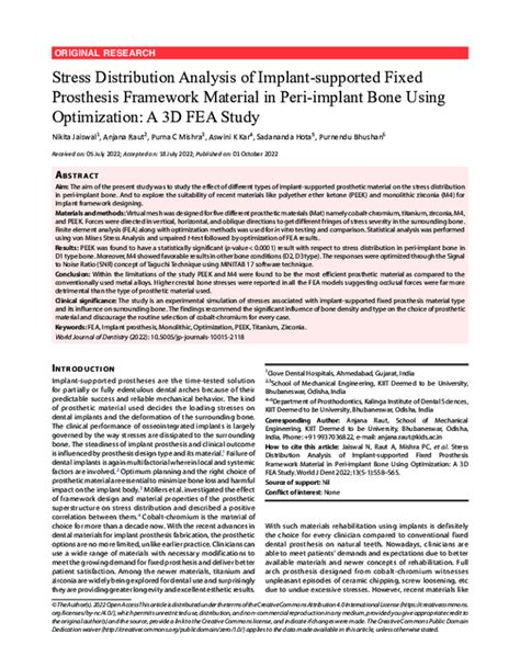 Pdf Stress Distribution Analysis Of Implant Supported Fixed Prosthesis Framework Material In