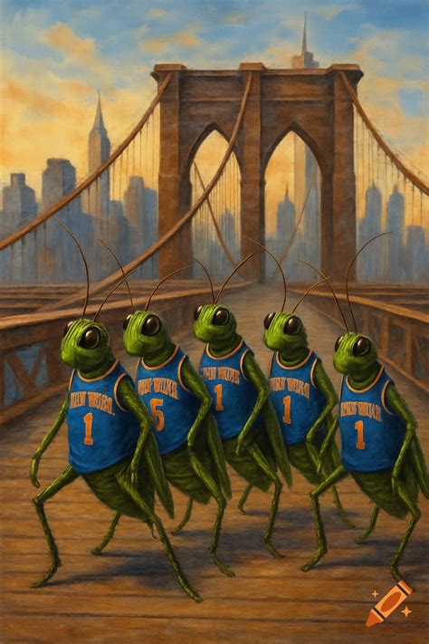 Five Grasshoppers In Blue Basketball Jerseys Walk Across The Brooklyn