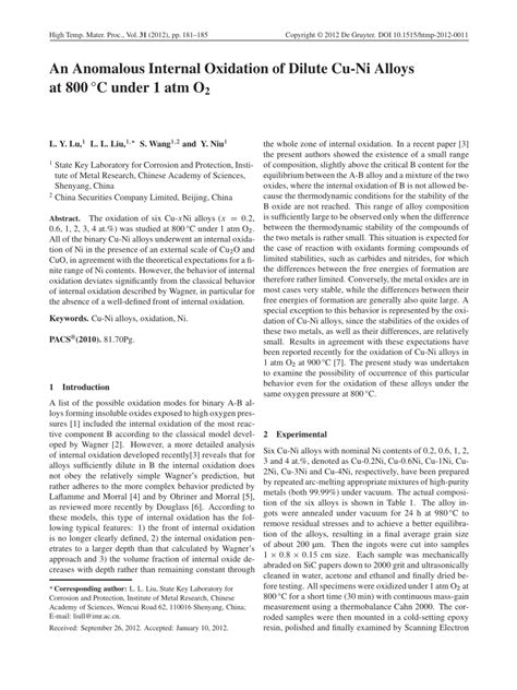 pdf an anomalous internal oxidation of dilute cu ni alloys at 800 °c