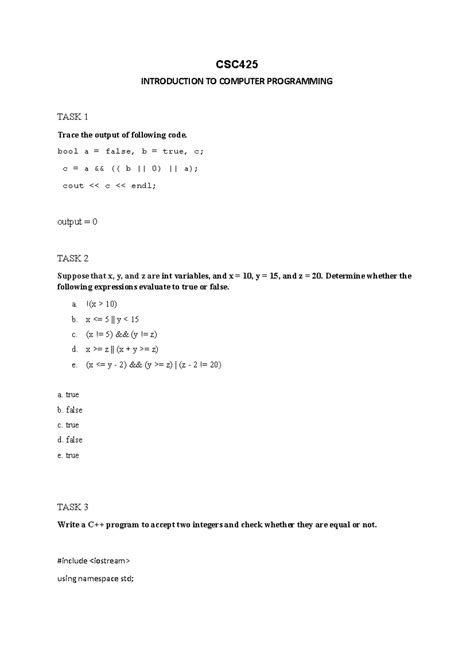 CSC425 Programming Lab Task 1 Task 6 CSC INTRODUCTION TO COMPUTER PROGRAMMING TASK 1 Trace