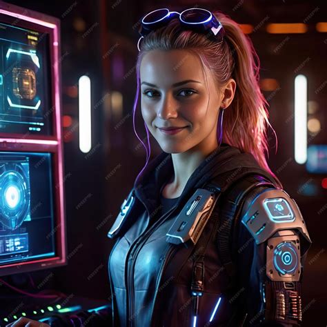 Premium Photo Futuristic Scifi Cyberpunk Hacker Woman Analyzing Informaion With Modern Data
