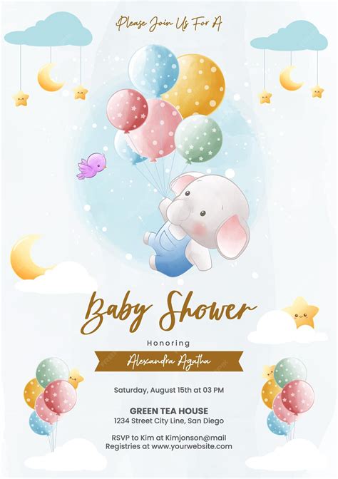 베이비 샤워 초대장을 위한 수채화 스타일의 많은 풍선과 함께 날아가는 귀여운 아기 코끼리 프리미엄 벡터