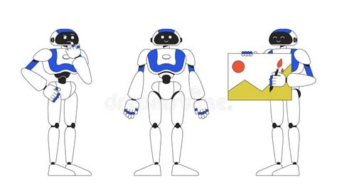 humanoid robots ai performing tasks linear flat color vector characters set stock vector