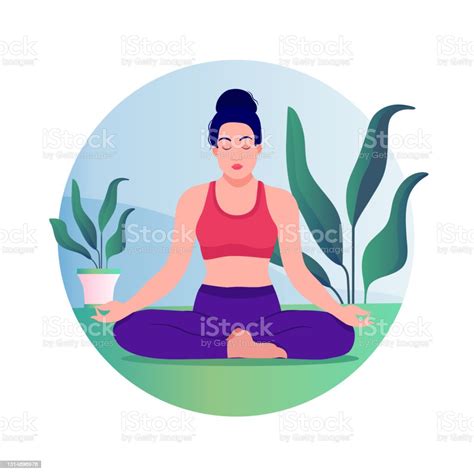 여성 요가 연꽃 포즈의 일러스트와 창조적 인 포스터 또는 배너 디자인 요가 연습 벡터 그림입니다 젊고 행복한 여자는 명상합니다