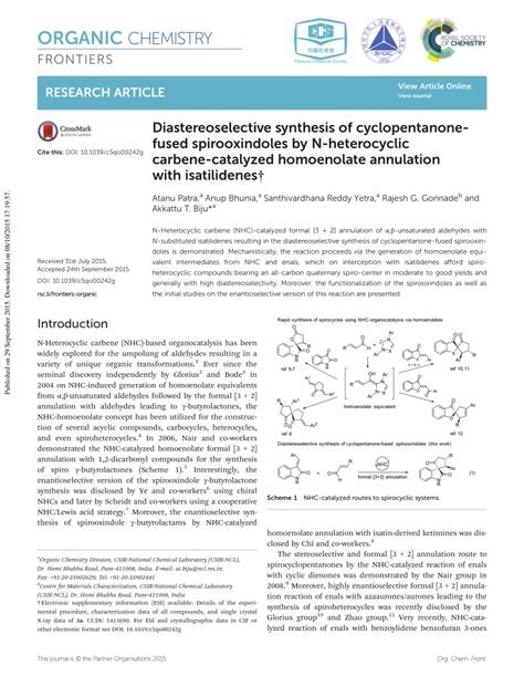 Pdf Diastereoselective Synthesis Of Cyclopentanone Fused Spirooxindoles By N Heterocyclic