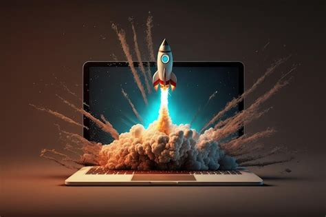 Premium Photo Launching Space Rocket From Laptop Screen Generative Ai