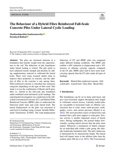 Pdf The Behaviour Of A Hybrid Fibre Reinforced Full Scale Concrete Piles Under Lateral Cyclic