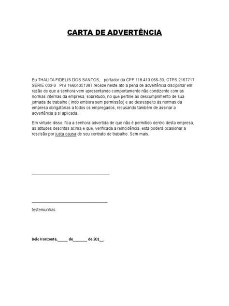 Carta De Advertência Disciplinar Pdf