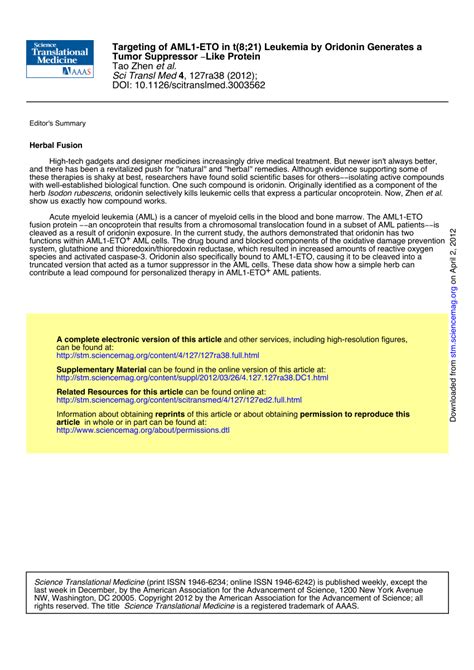Pdf Targeting Of Aml1 Eto In T 8 21 Leukemia By Oridonin Generates A Tumor Suppressor Like