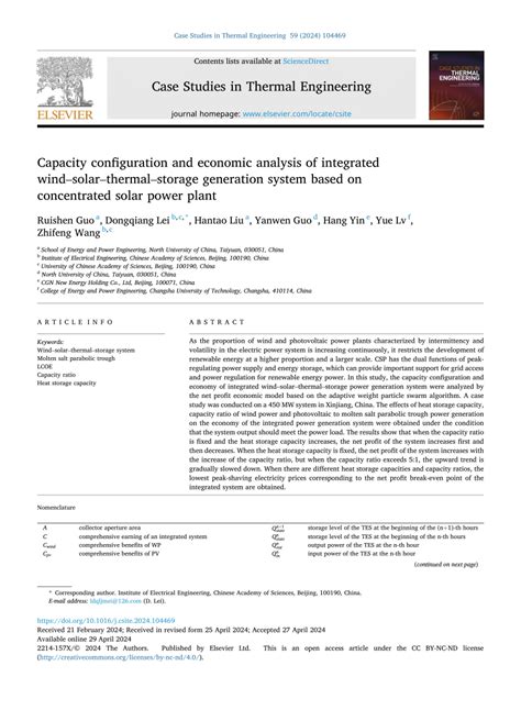 Pdf Capacity Configuration And Economic Analysis Of Integrated Wind Solar Thermal Storage