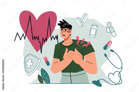 Heart Problems And Cardiology Diseases Banner With Man Who Has Sudden