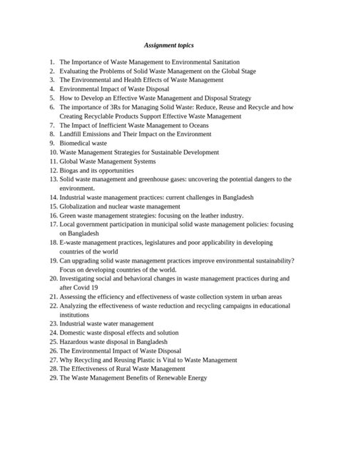 Assignment Topics Pdf Waste Management Waste