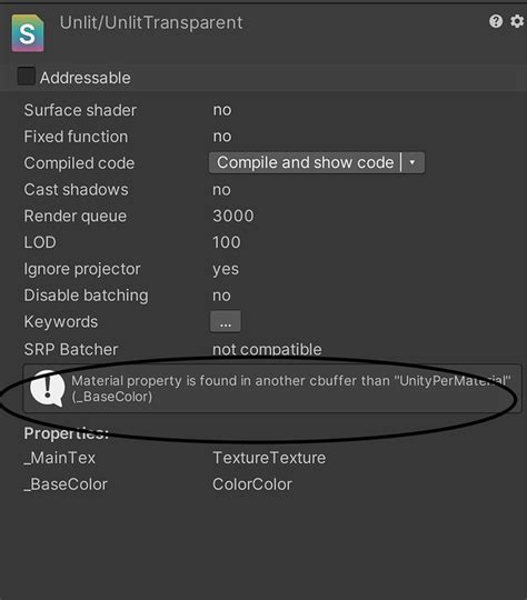 urp shader warning material property is found in another cbuffer than