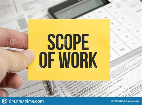 Scope Of Work On Yellow Paper Sheet With Calculator And Tax Forms Stock