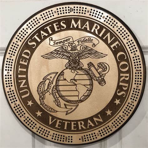 Marine Veteran Cribbage Board 3 Track 120 Point Round Game With Pegs And Cards Wc Engraving