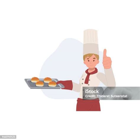 행복한 미소 짓는 여자 빵집 직원이 신선한 빵 쟁반을 들고 엄지 손가락 걸이 기호를 하고 있습니다 평면 벡터 그림 모자 모자류에