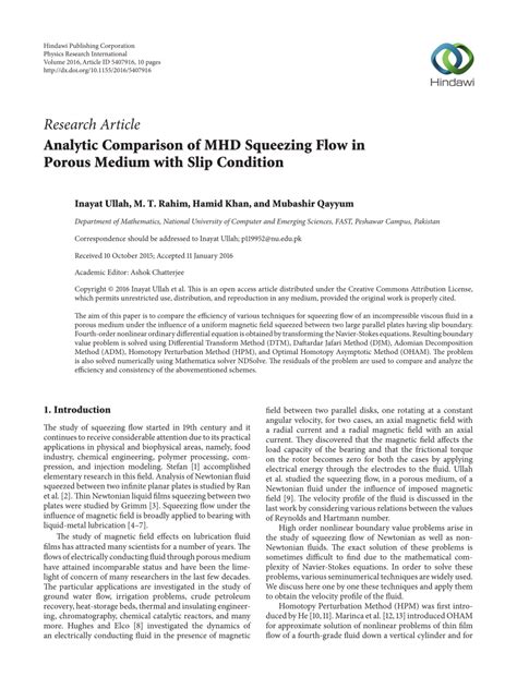 Pdf Analytic Comparison Of Mhd Squeezing Flow In Porous Medium With Slip Condition