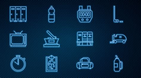 세트 라인 피트니스 셰이커 얼음 재포장기 스톱워치 하키 컵 챔피언 레트로 Tv 사물함 또는 탈의실 및 아이콘 벡터 가정의 방에 대한 스톡 벡터 아트 및 기타 이미지 Istock