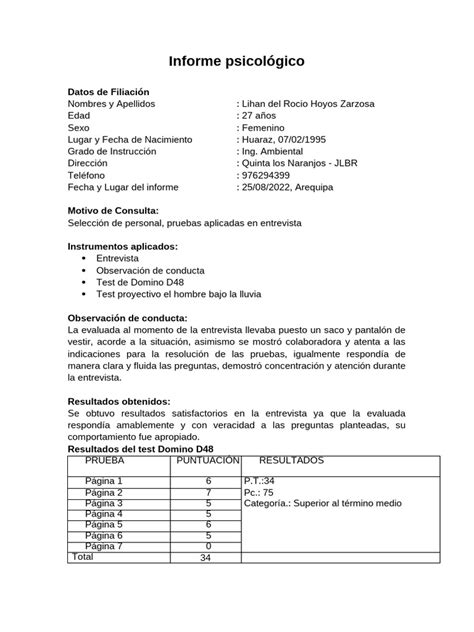 Informe Psicológico Lihan Pdf Sicología Comportamiento