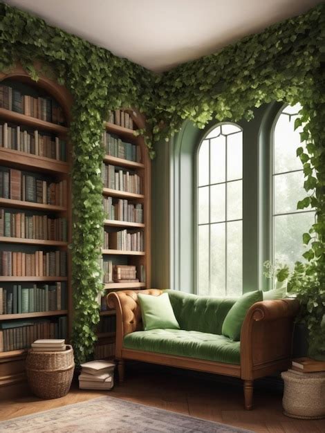 Premium Photo A Quiet Library Corner With Green Ivy Decorations Framing A Cozy Reading Nook