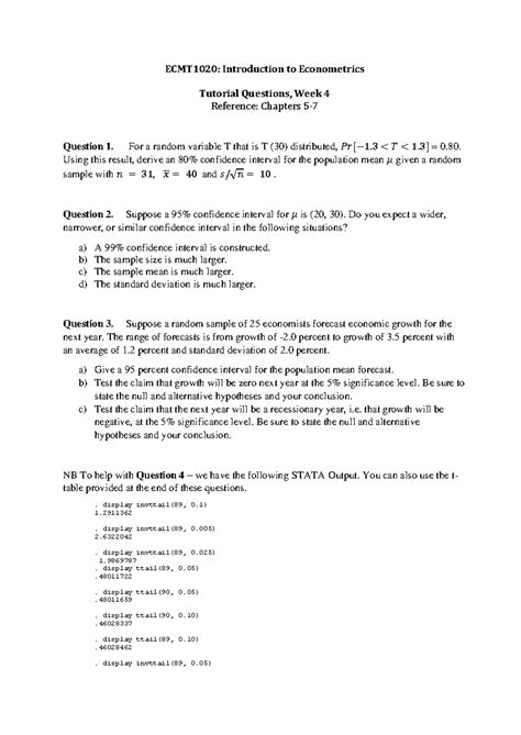 Tutorial Week 4 Tut 4 Ecmt1020 Introduction To Econometrics