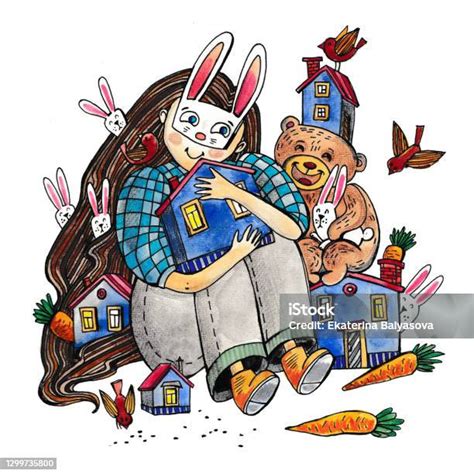 토끼의 가면을 쓴 소녀의 수채화 일러스트 그녀의 집 주변 곰과 토끼 아이에 대한 스톡 벡터 아트 및 기타 이미지 아이 수채화 자연 Istock