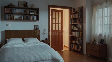 Small Bedroom With A White Bed Under Which There Are Storage Drawers And A Bookcase Stock