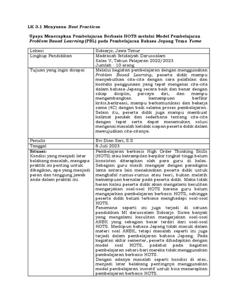 Upaya Menerapkan Pembelajaran Berbasis Hots Melalui Model Pembelajaran Problem Based Learning