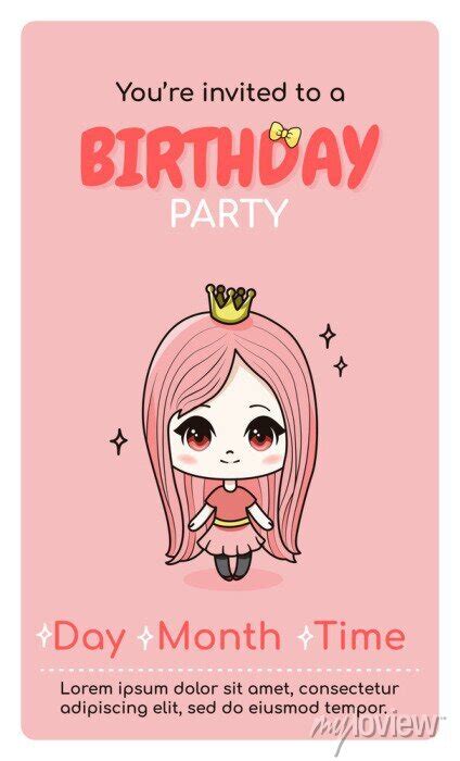 Happy Birthday Vertical Invitation Card With Anime Chibi Girl Canvas