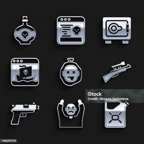 살인 도둑이 손을 들고 항복 캐니스터 연료 스코프가 있는 저격 소총 권총 또는 총 인터넷 불법 복제 금고 및 독 병 아이콘을 설정합니다 벡터 0명에 대한 스톡 벡터 아트 및