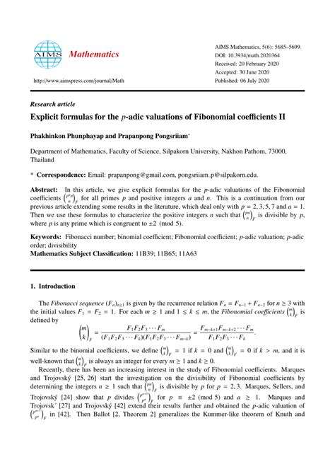 Pdf Explicit Formulas For The P Adic Valuations Of Fibonomial Coefficients Ii
