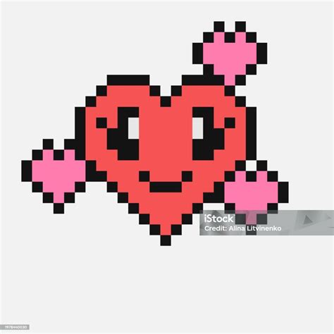 픽셀 하트 이모티콘 하트와 함께 웃는 만화 얼굴입니다 90년대 이모티콘 1990 1999 년에 대한 스톡 벡터 아트 및 기타 이미지 1990 1999 년 귀여운