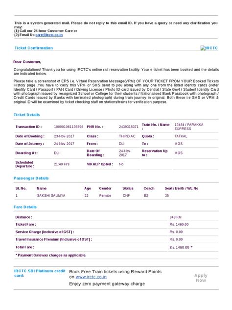 Irctc Ticket Confirmation Care Identity Document Ticket Admission
