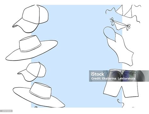 수영복 모자와 모자 프레임은 텍스트에 대한 매끄러운 수직 테두리 템플릿입니다 벡터 그래픽 라인 잉크 그림 여름 수영장 배경 로고 웹 패키지 스티커 0명에 대한 스톡 벡터