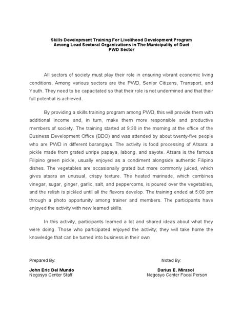 Skills Development Training For Livelihood Development Program Pwd Pdf