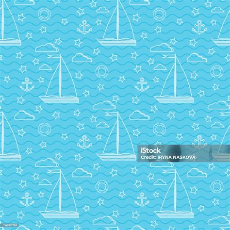 두 개의 돛 범선 구름 앵커 구명 부표와 벡터 원활한 해양 패턴 바다에 대한 스톡 벡터 아트 및 기타 이미지 바다 부표