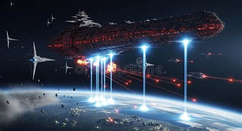 Epic Space Battle Futuristic Starship Assaulting Earth With Laser
