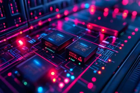 3d Illustration Futuristic Technology Cpus With Glowing Circuits And Data Processing Premium