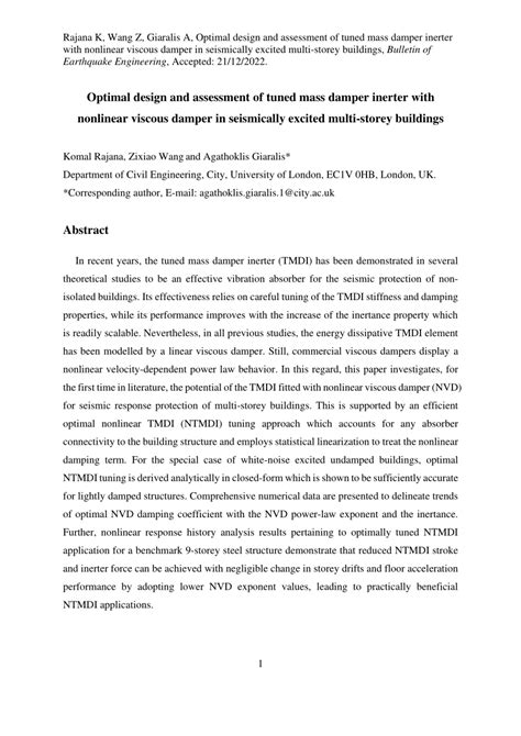 Pdf Optimal Design And Assessment Of Tuned Mass Damper Inerter With Nonlinear Viscous Damper