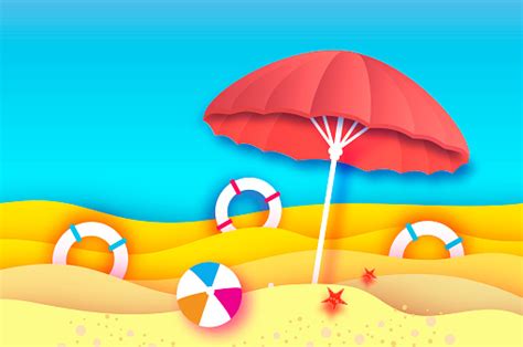 비치 우산종이 컷 스타일의 빨간 파라솔 구명 부 표를 가진 종이 접기 바다와 바닷가 비치 볼 게임 휴가 및 여행 개념입니다
