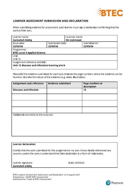 Learner Declaration Unit 12 B Btec Learner Assessment Submission And