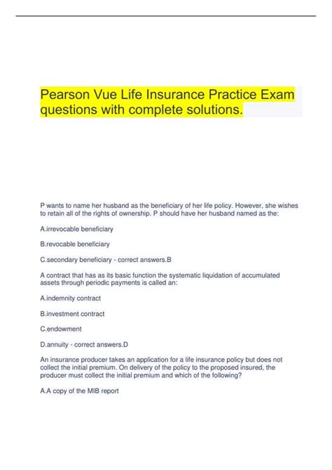 Pearson Vue Life Insurance Practice Exam Questions With Complete