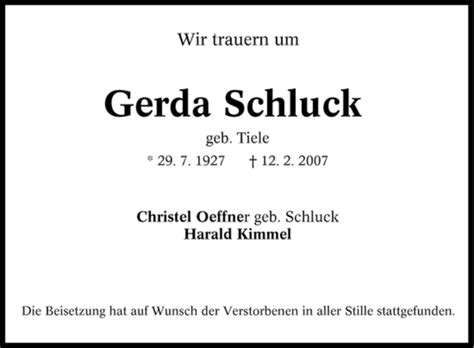 Traueranzeigen Von Gerda Schluck Trauer In Nrw De