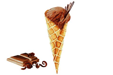 와플 콘에 초콜릿 아이스크림과 초콜릿 칩 초콜릿 조각 손으로 그린 수채화 갈색에 대한 스톡 벡터 아트 및 기타 이미지 갈색 구 냉동된 Istock