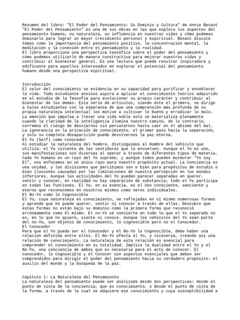 Resumen Del Libro El Poder Del Pensamiento Su Dominio Y Cultura