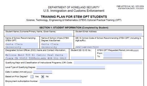 Stem Opt Training Plan Form I 983 Global Engagement Santa Clara University
