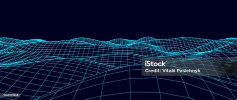 디지털 물결 모양의 와이어프레임 풍경 미래 지향적 인 선형 물결 치는 지형 계곡이있는 산의 디지털 사이버 공간 벡터