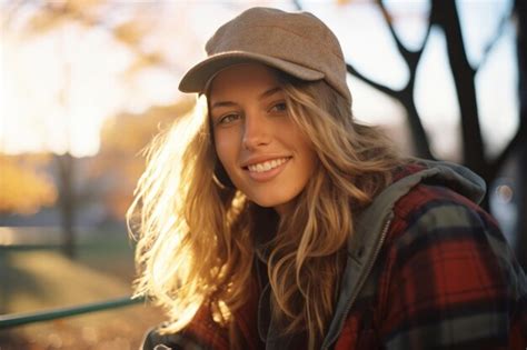 Premium Ai Image A Beautiful Young Woman In A Plaid Shirt And Cap