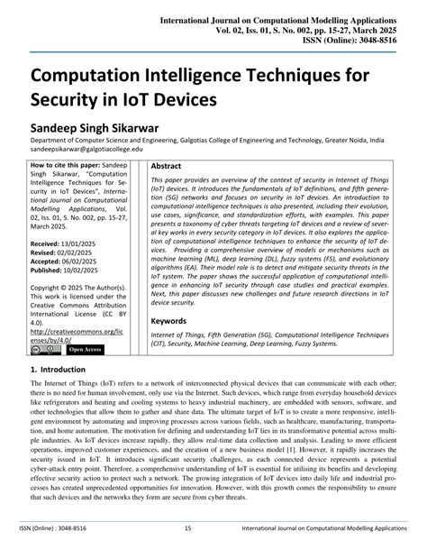 Pdf Computation Intelligence Techniques For Security In Iot Devices